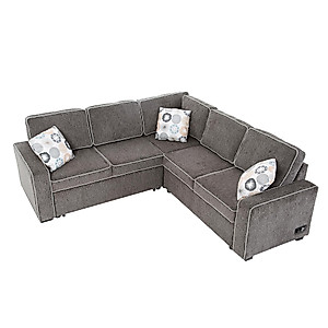 Pull Out Couch Sectional Sleeper Sofa L Shaped Convertible Sofa Bed with 2 USB Ports, 2 Power Sockets and 3 Pillows for Living Room, Bedroom, Office, 83" Brown