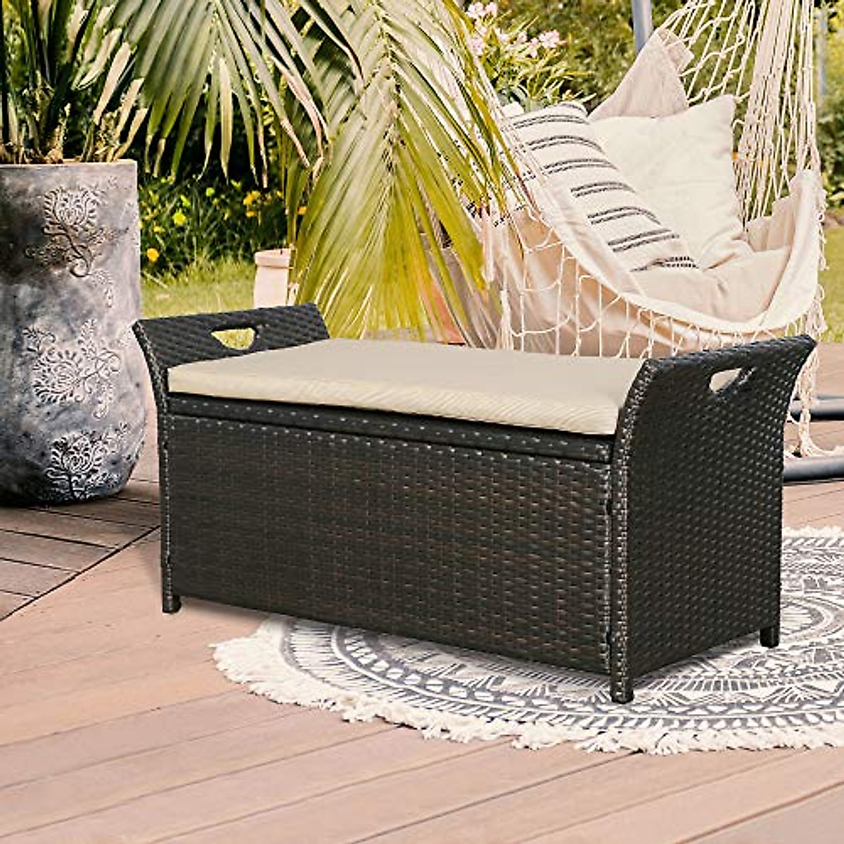 Patio Storage Bench for Outside Outdoor Furniture Wicker Deck Box with All-Weather Cushion, Beige