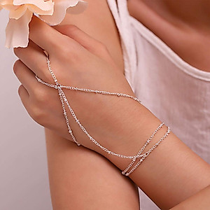 Obmyec Simple Hand Chain Layered Silver Finger Ring Chain Bracelets Dangle Beaded Slave Bracelets Daily Prom Hand Bracelets for Women