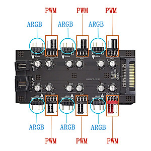 12V 4Pin PWM & 5V 3Pin ARGB with SATA 15Pin Power 2-in-1 Hub 6 Way Sync CPU Cooling Fan Addressable RGB Lighting PCB Splitter for Extended Motherboard Interface -Black Compatible With Desktop