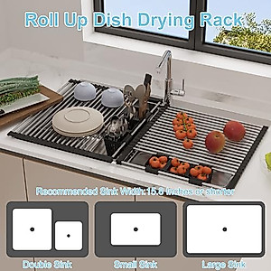 BBXTYLY Roll Up Dish Drying Rack with Storage Basket,Over The Sink Cover Kitchen Rolling up Dish Drainer, Foldable Sink Dish Drying Rack Stainless Steel for Kitchen Sink Counter(Black 17.3''x17.6'')