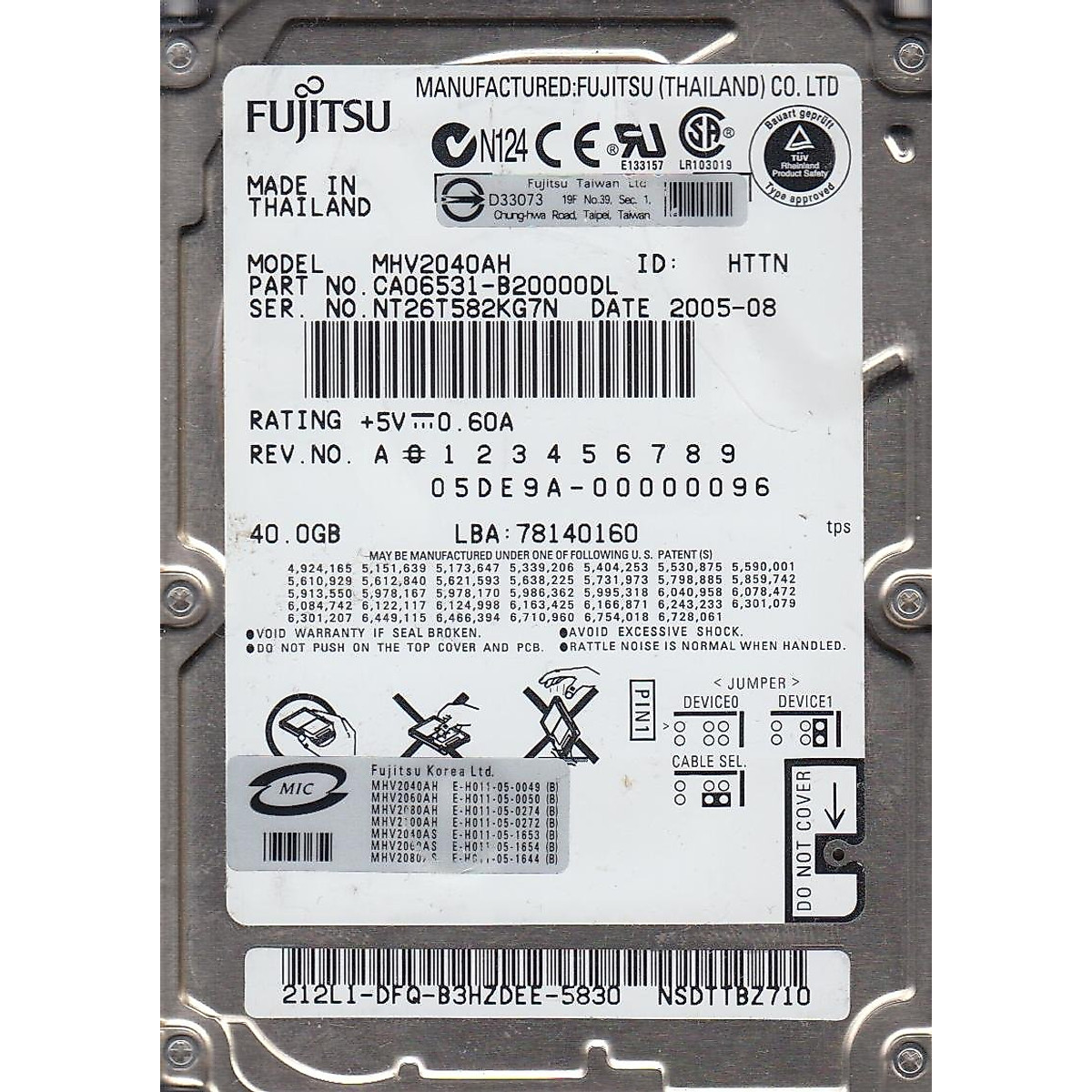 MHV2040AH, PN CA06531-B20000DL, Fujitsu 40GB IDE 2.5 Hard Drive