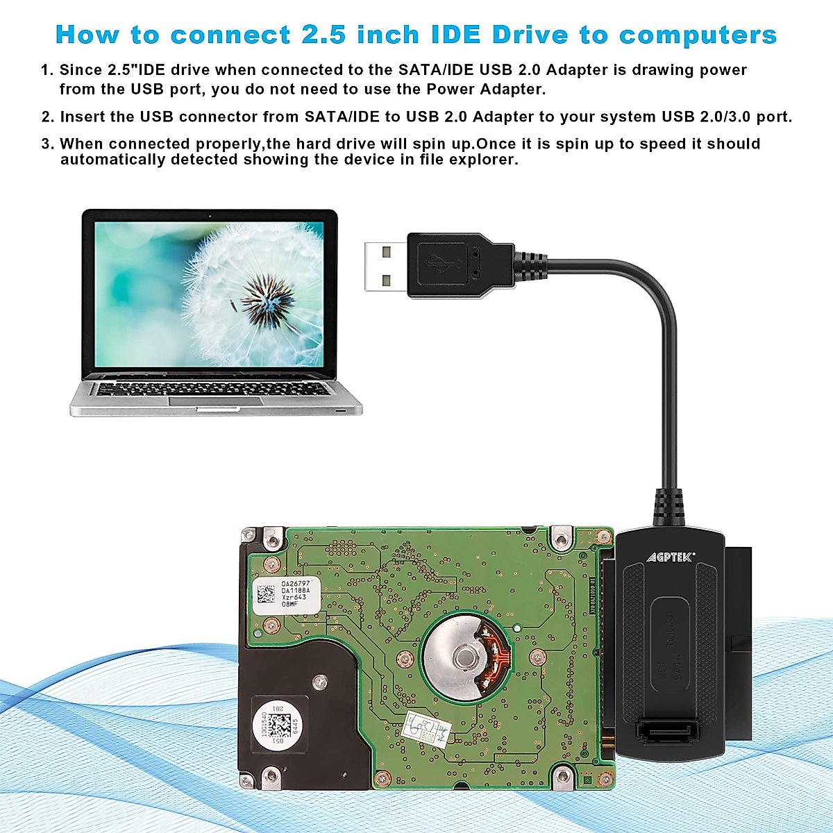 AGPTEK® SATA/PATA/IDE Drive to USB 2.0 Adapter Converter Cable for Hard Drive Disk HDD 2.5" 3.5", Compatible with USB 1.1/2.0/3.0, with External AC Power Adapter Included
