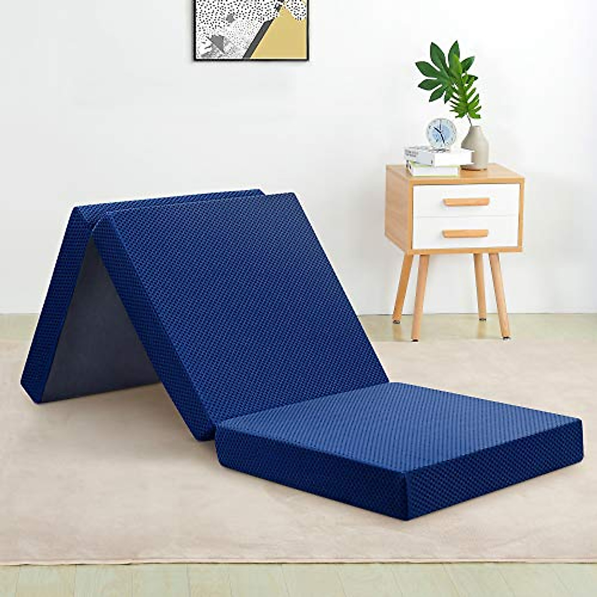 PrimaSleep 4 Inch Tri-Fold Topper, Guest Bed, Floor Mat,Blue,(Single)