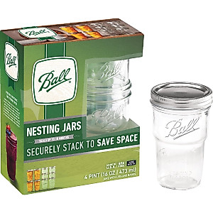Ball Glass Nesting Mason Jars with Lids & Bands, Wide Mouth, Pint Size (Pack of 4)