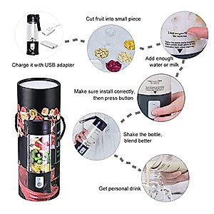 Portable Blender, Mini USB Blender for Shakes and Smoothies, 13.5 Oz Juicer Cup Rechargeable Type-C Personal Blender with Ultra Sharp Six Blades, Multifunctional and BPA Free Blender Bottle–Ideal for Traveling, Gym, Office-Black