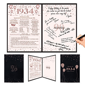 Crenics 90th Birthday Gift for Women, Creative Back in 1934 Birthday Poster, Giant 90th Birthday Guest Signature Book, Black and Pink 90 Birthday Decorations Party Supplies