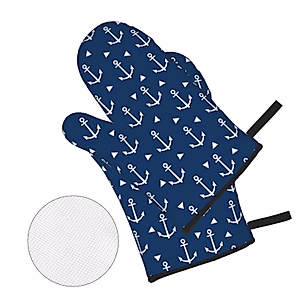 Nautical Anchors Oven Mitts and 2 Pot Holders Set, Soft Cotton Lining with Non-Slip Surface, Kitchen Microwave Gloves for Baking Cooking Grilling BBQ