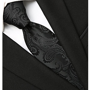 KissTies Mens Black Tie Set: Paisley Necktie + Pocket Square