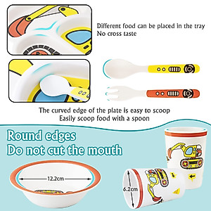 Kids Tableware Set, Included Plate Bowl Cup Fork and Spoon 5-Piece Set - Toddler Plates Dinnerware Dinner Dish Set Baby Feeding Divided Plate - Child Portion Control Bamboo Eco-Friendly