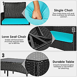 DORTALA 4 Pieces Rattan Patio Furniture Set, Practical Conversation Set w/Tempered Glass Top Table, Outdoor Wicker Sofa Set w/Removable Cushions for Poolside, Backyard