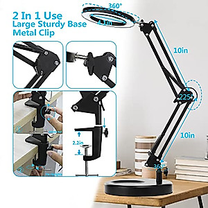 5X Magnifying Glass with Light and Stand, KIRKAS 2-in-1 Real Glass Lens Magnifying Desk Lamp with Clamp, 3 Color Modes, Stepless Dimmable Magnifier Light for Close Work Repair Reading Crafts- Black