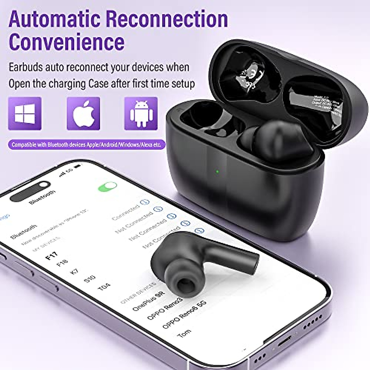 bakibo Wireless Earbuds, Bluetooth 5.3 in-Ear Earphones with Built-in 6 Mic Waterproof Ear Buds Deep Bass Stereo Headphones, 32 Hours Play Time Type-C Fast Charging Case for iPhone Android, Dark Black