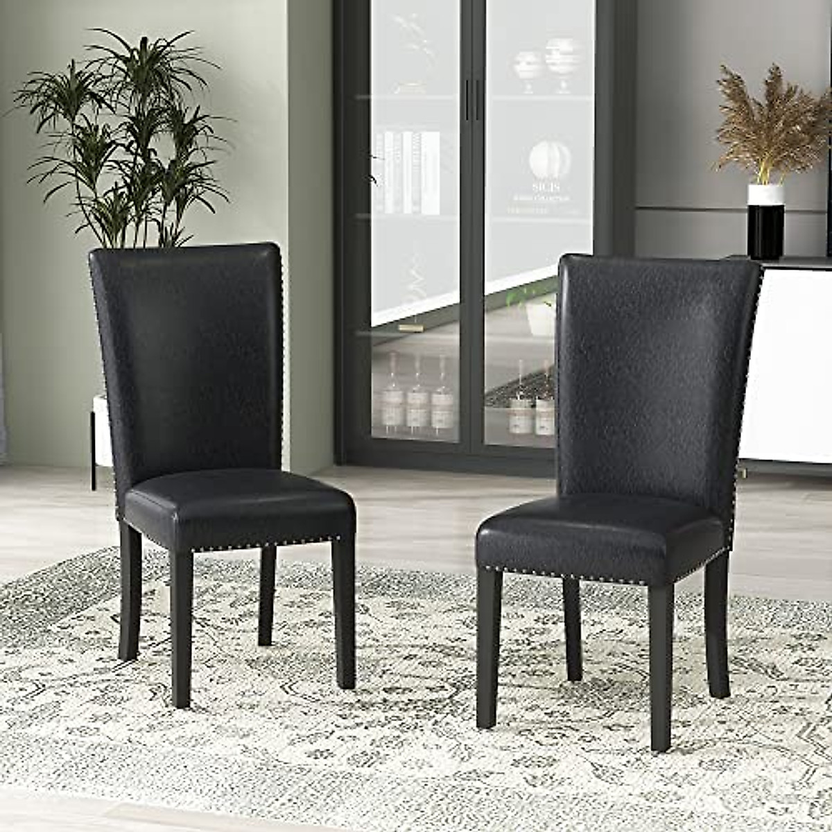 Goozio 6-Piece Set,Faux Marble Table, 4 Upholstered PU Leather Chair, 1 Bench for Dining Living Room,Black, OneSize