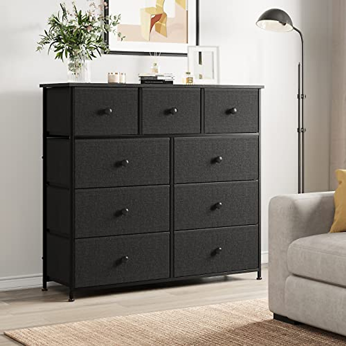 REAHOME 9 Drawer Dresser for Bedroom Chest of Drawers Closets Large Capacity Organizer Tower Steel Frame Wooden Top Living Room Entryway Office (Black Grey)