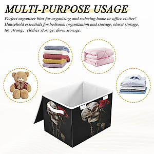 DALAWU Containers Baskets with Lids Rose Skull Fabric Foldable Storage Bins Organizer with Lid Collapsible Storage Boxes for Home Bedroom Closet Office