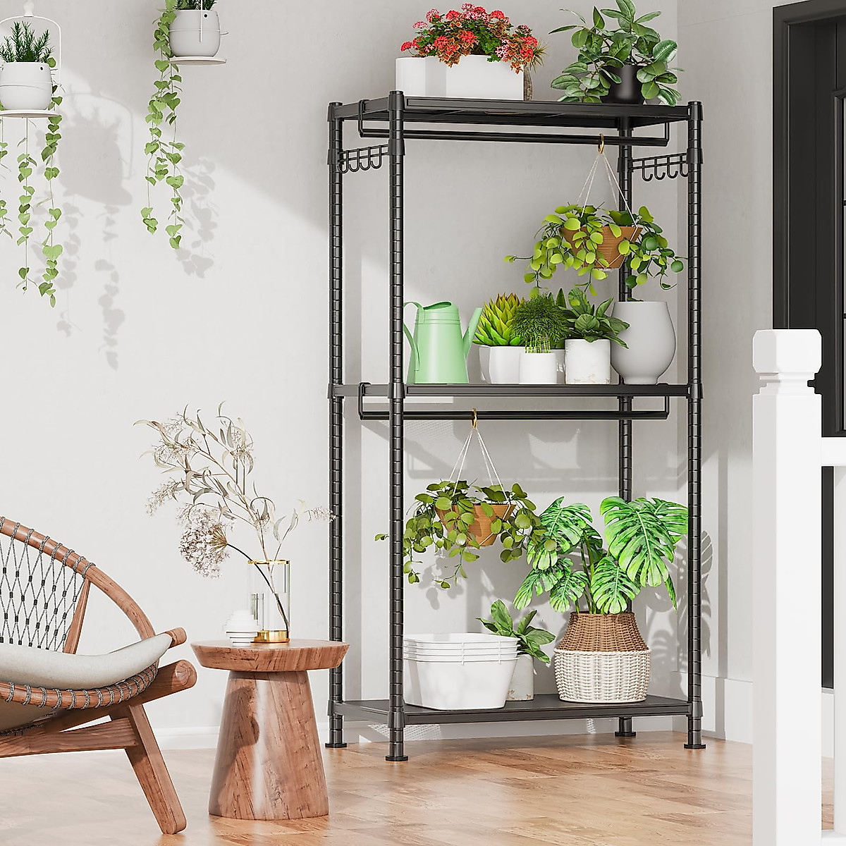 Clussbin Garment Rack Hanging Clothes Heavy Duty Clothes Rack, 3 Tiers Adjustable Wire Shelving Metal Clothing Racks with Double Rods and Side Hooks, Free Standing Wardrobe Closet for Bedroom, Black