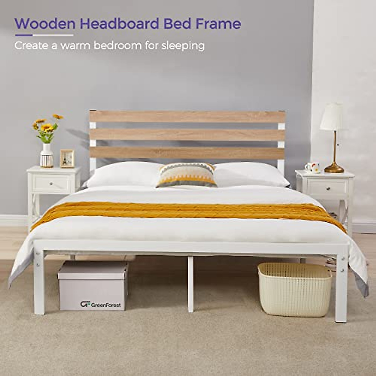 GreenForest Queen Bed Frame with Wooden Headboard Platform Bed with Metal Support Slats NO-Noise Heavy Duty Bed Industrial Country Style with 9 Strong Legs, No Need Box Spring, Queen