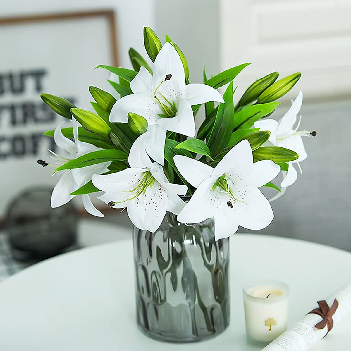 Aiinoo 5pcs Artificial Lily Faux Flowers Plastic Easter Tiger Lily Real Touch Bouquet for Wedding Party Home Garden Hotel Decor (White)