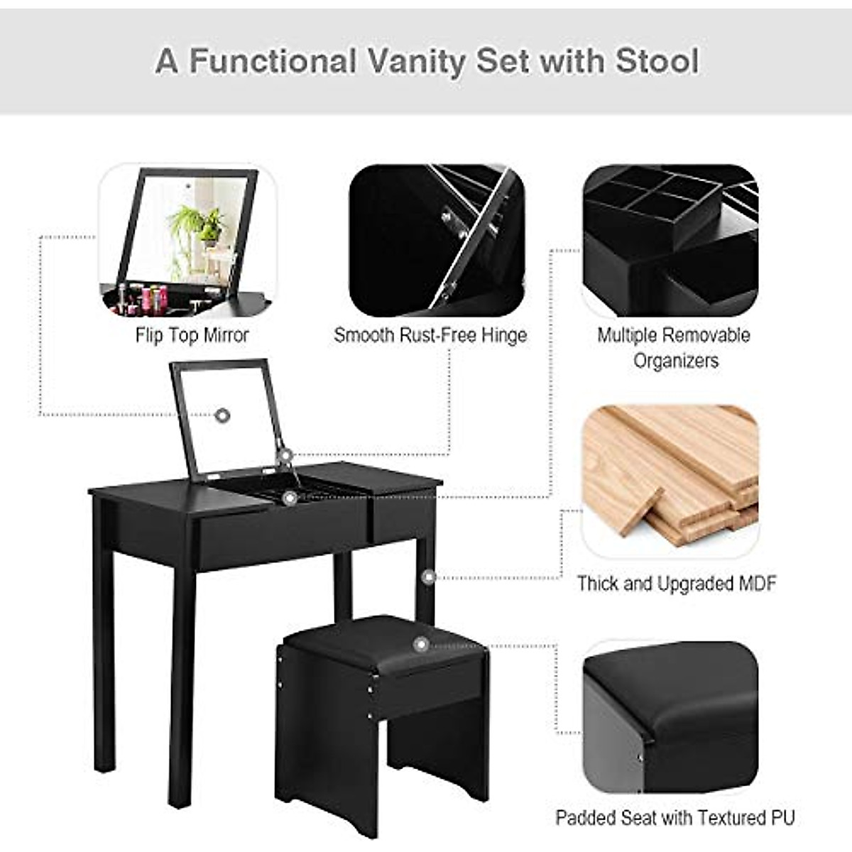 Vanity Table with Flip Top Mirror, Solid Wood Makeup Dressing Table , Writing Desk with Cushioned Stool Set, 2 Drawers for Different Sized Makeup Accessories, Bedroom Bathroom Organizers (Black)