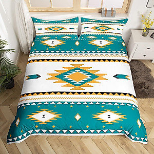 Erosebridal Boho Lattice Duvet Cover Queen, Aztec Bedding Set, Bohemian Navajo Ethnic Retro Yellow Striped Exotic Western Tribal Comforter Cover Teal Medallion Egyptian Bedroom Decor Quilt Cover
