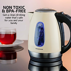 OVENTE Electric Kettle Stainless Steel Instant Hot Water Boiler BPA Free 1.7 Liter 1100 Watts Fast Boiling with Cordless Body and Automatic Shut Off Safe and Perfect for Tea Coffee Milk, Beige KS96BG