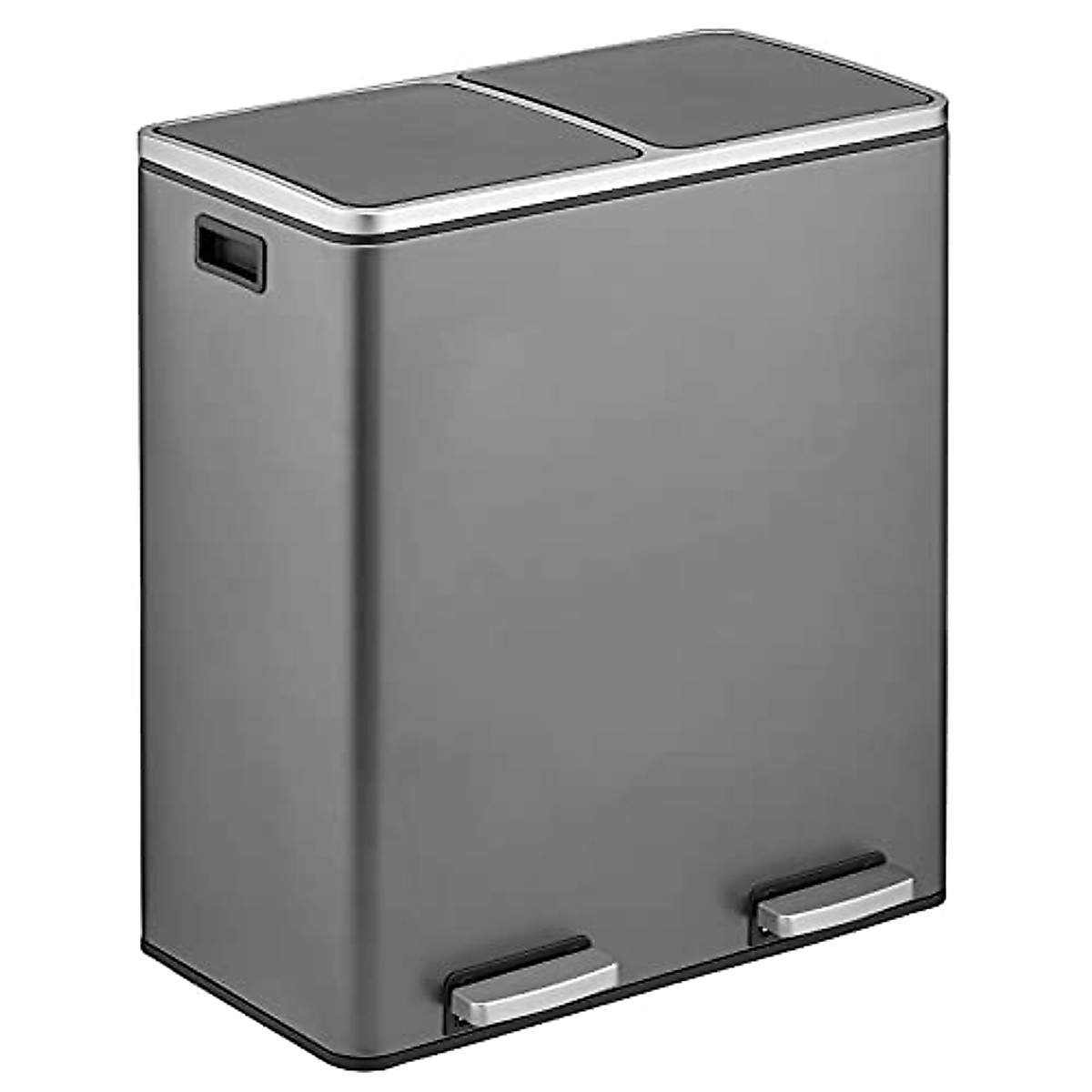 mDesign Metal Steel 16 Gallon/60-Liter, Dual Compartment Step Trash Can; Double Bin Trash Can/Recycler Combo for Kitchen; Holds Garbage, Recycling; Features Two Removable Liner Buckets - Graphite Gray
