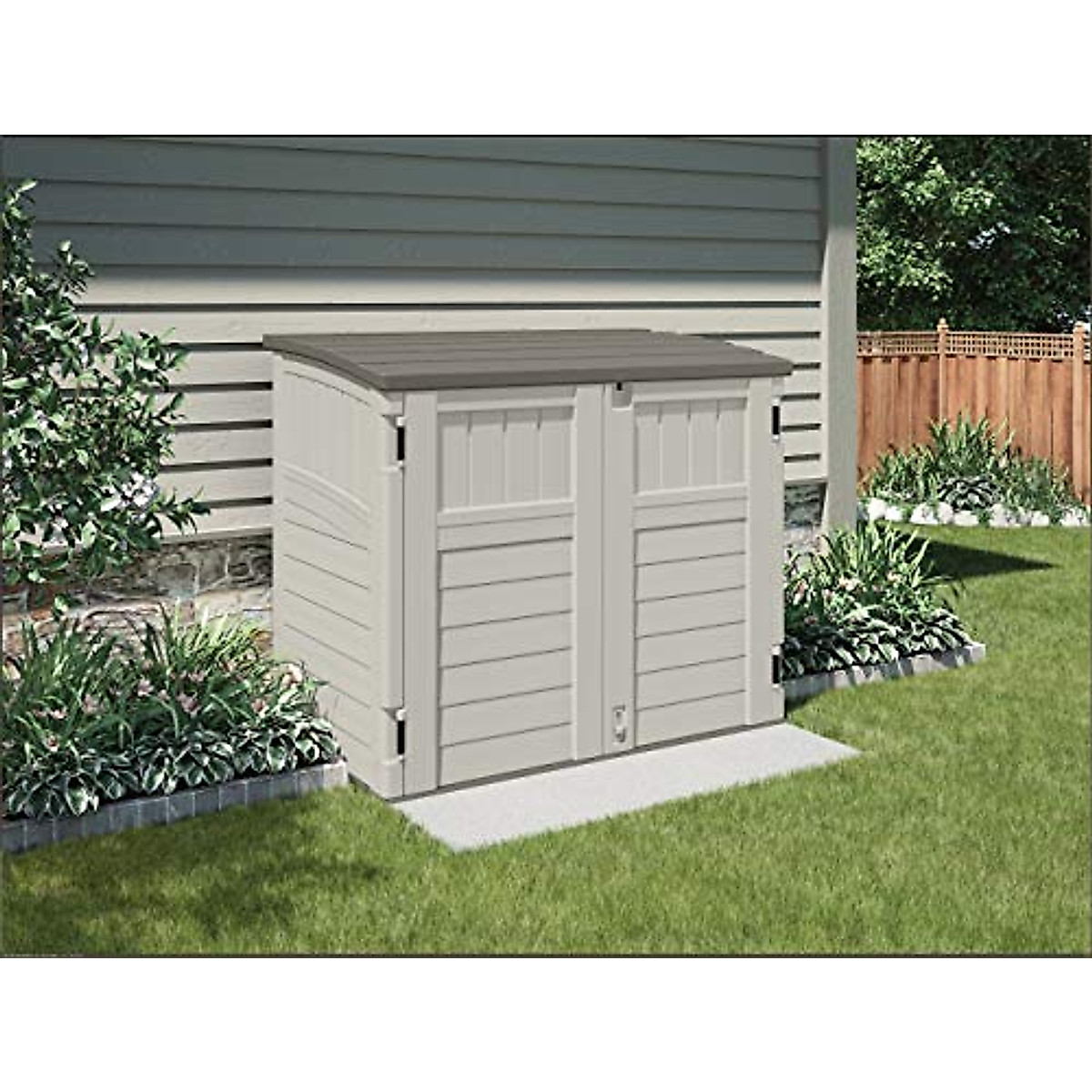 Suncast Horizontal Outdoor Storage Shed for Backyards and Patios 34 Cubic Feet Capacity for Garbage Cans, Tools and Garden Accessories, No Size, Vanilla