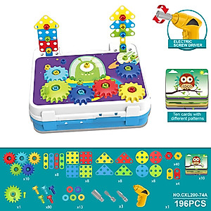 Gears Toys for Kids,Colorful Building Blocks,Tools Box Include Drill for Kids & Drive Belt Gears,Child Development Toys for ​Ages 3