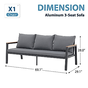 JOIVI Outdoor Couch, 3-seat Aluminum Outdoor Sofa with Teak Arms, Patio Couch with Teak Wood Armrest, High-Density Sponge, 3-Seater Aluminum Frame Couch for Outside Poolside, Lawn, Backyard, Gray