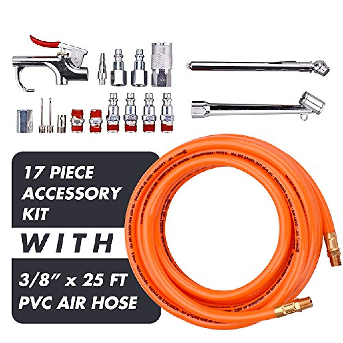 WYNNsky 3/8" X 25ft PVC Air Compressor Hose Kit With 17 Piece Air Tool and Air Compressor Accessories Kit