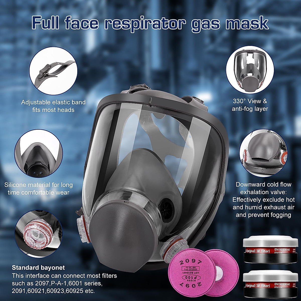 LQIQIZ Reusable Full Face Respirator Mask, Gas Mask Survival Nuclear and Chemical w/Activated Carbon Filter for Painting Dust (6800 with P-A-1 Filter and 2097 Filters)