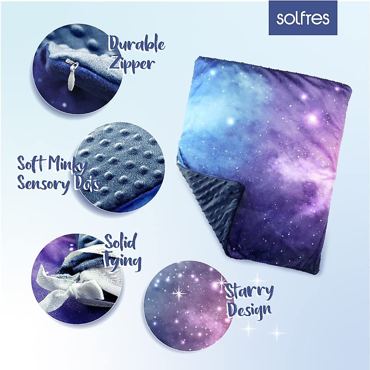 Solfres Small Weighted Lap Pad Blanket Throw for Kids Boys Teens 20in x 23in 5 Lbs - Sleep Therapy Plush Travel Size with Removable Cover, Galaxy Space Stars, Washable, Dark Blue