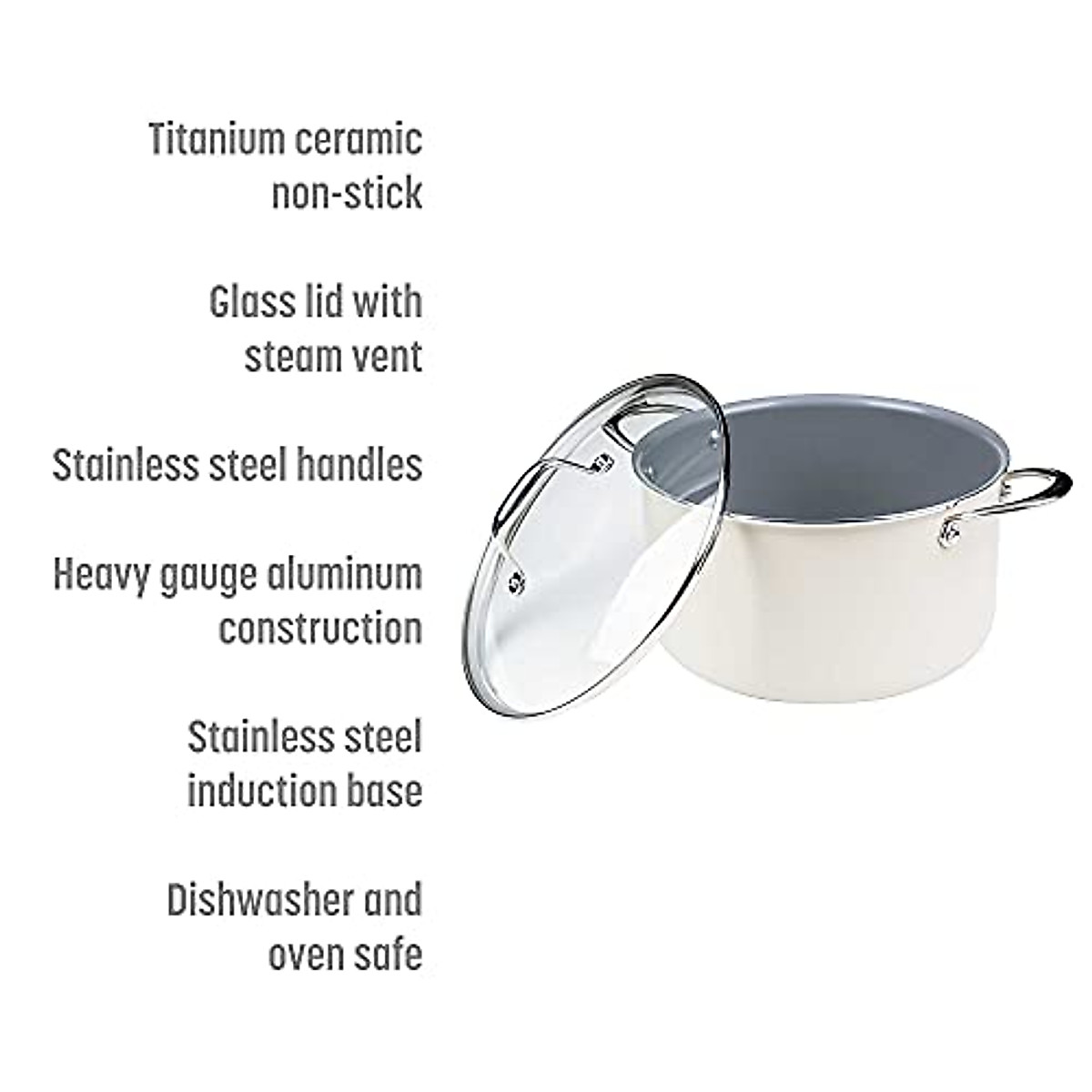 Goodful Ceramic Nonstick 6 Quart Stock Pot, Dishwasher Safe Pots and Pans, Comfort Grip Stainless Steel Handle, Made without PFOA, Cream