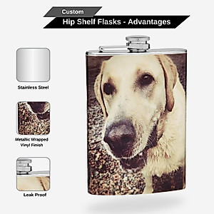 Top Shelf Stainless Steel Hip Flask Holding 8 oz | Pocket Size Leak Proof Screw-On Cap | Personalized with Pet Photo Design alcohol flask | Black Metallic Wrapped Vinyl Finish