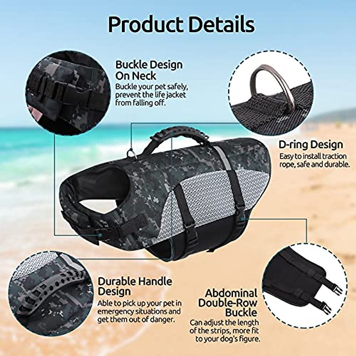 LETSQK Dog Life Jacket Dog Safety Vest with Adjustable Buckles for Small Medium Large Dogs, Pet Life Preserver Jacket with Durable Rescue Handle for Swimming,Surfing,Boating,Hunting