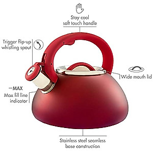 Primula Fast to Boil, Cool Touch Handle Food Grade Stainless Steel Hot Water Kettle, 2.5-Quart, Matte Red