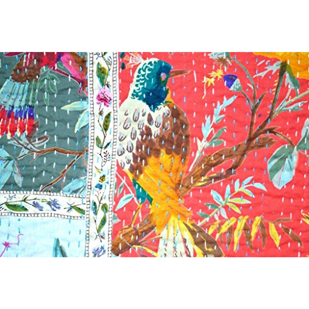 V Vedant Designs Bird Print Patchwork Cotton Kantha Quilt Throw Blanket Bedspread Gudari (Twin Size)