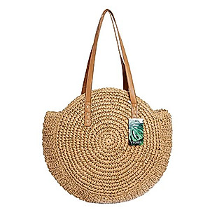 YXQSED Round Woven Bag - Summer Beach Bags Straw Handwoven Singleshoulder with Leather Handles，Zipper（Khaki） L