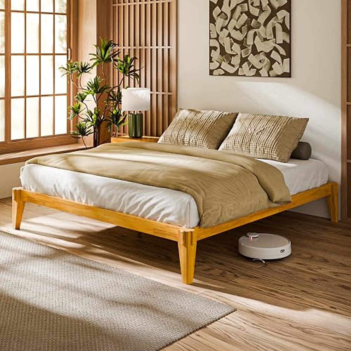 Bme Chalipa 14” King Bed Frame - Solid Wood Platform Bed - Japanese Joinery Bed Frame - Wood Slat Support - No Box Spring Needed - Easy Assembly - Minimalist & Modern Style, Golden Natural