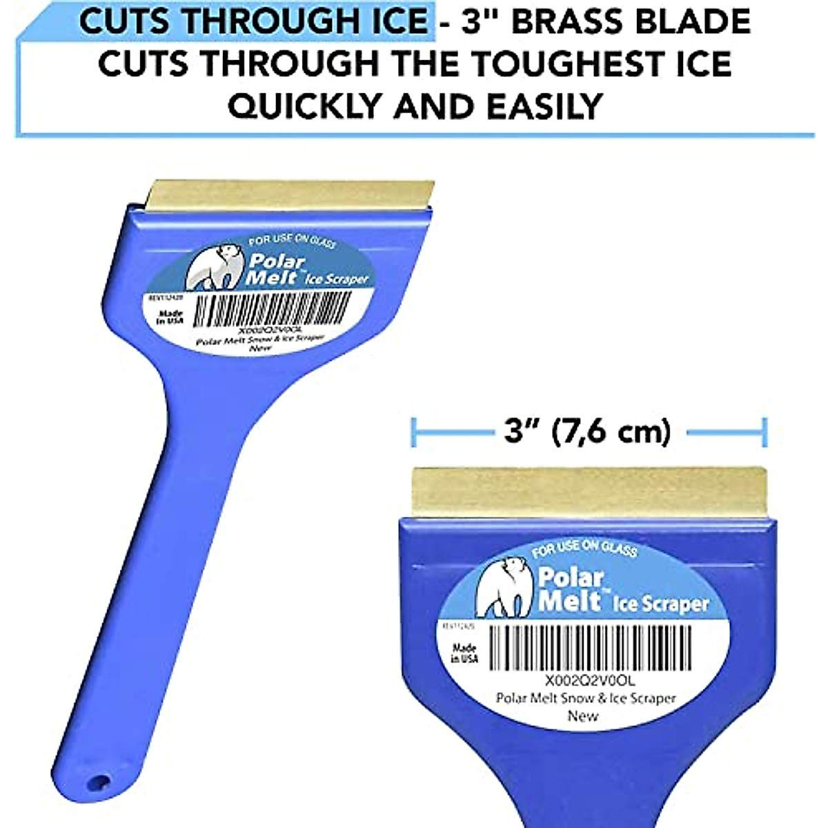 Polar Melt Ice and Snow Scraper with Brass Blade for Vehicle Windshields and Windows, 3 Pack