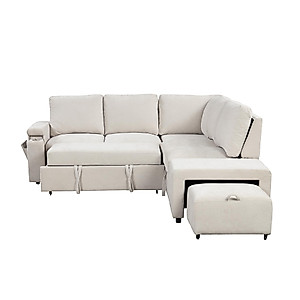 L-Shaped Corner Sectional Sofa Couch, Modern Padded Modular Sofa with Storage Space, USB Ports and Cup Holders on The Armrests, Suitable for Living Rooms, Offices, Apartments (Beige-87WD)