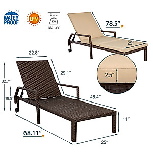 AECOJOY Outdoor Lounge Chairs Set of 2, Outdoor Chaise Lounge with Thickened Cushion and Adjustable Backrest for Poolside Backyard Deck Porch Garden, Brown Rattan with Beige Cushion