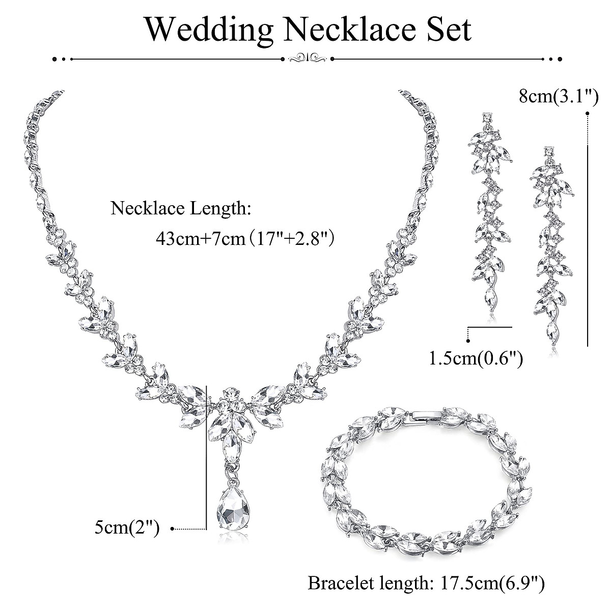 FIASASO Prom Jewelry Set Necklace Dangle Earrings Bracelet Bride Bridesmaid Crystal Bridal Jewelry Set for Wedding Rhinestone Engagement Party Prom Jewelry Set for Women