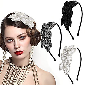 WLLHYF 3 Pieces Flapper Headpiece Beaded Leaf Headbands 1920s Rhinestone Hairbands for Women Girls Vintage Crystal Hair Accessories for Costume Party Valentines Gift (Black, Silver, White)
