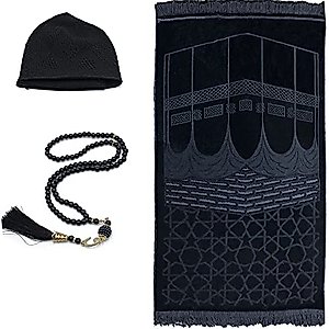 Modefa Islamic Prayer Rug - Soft Beautiful Turkish Prayer Mat for Men & Women - Solid Janamaz Sajada Carpet - Ramadan or Eid Gift - with Prayer Beads Tesbih and Kufi Cap- Luxury Velvet (KB Black)