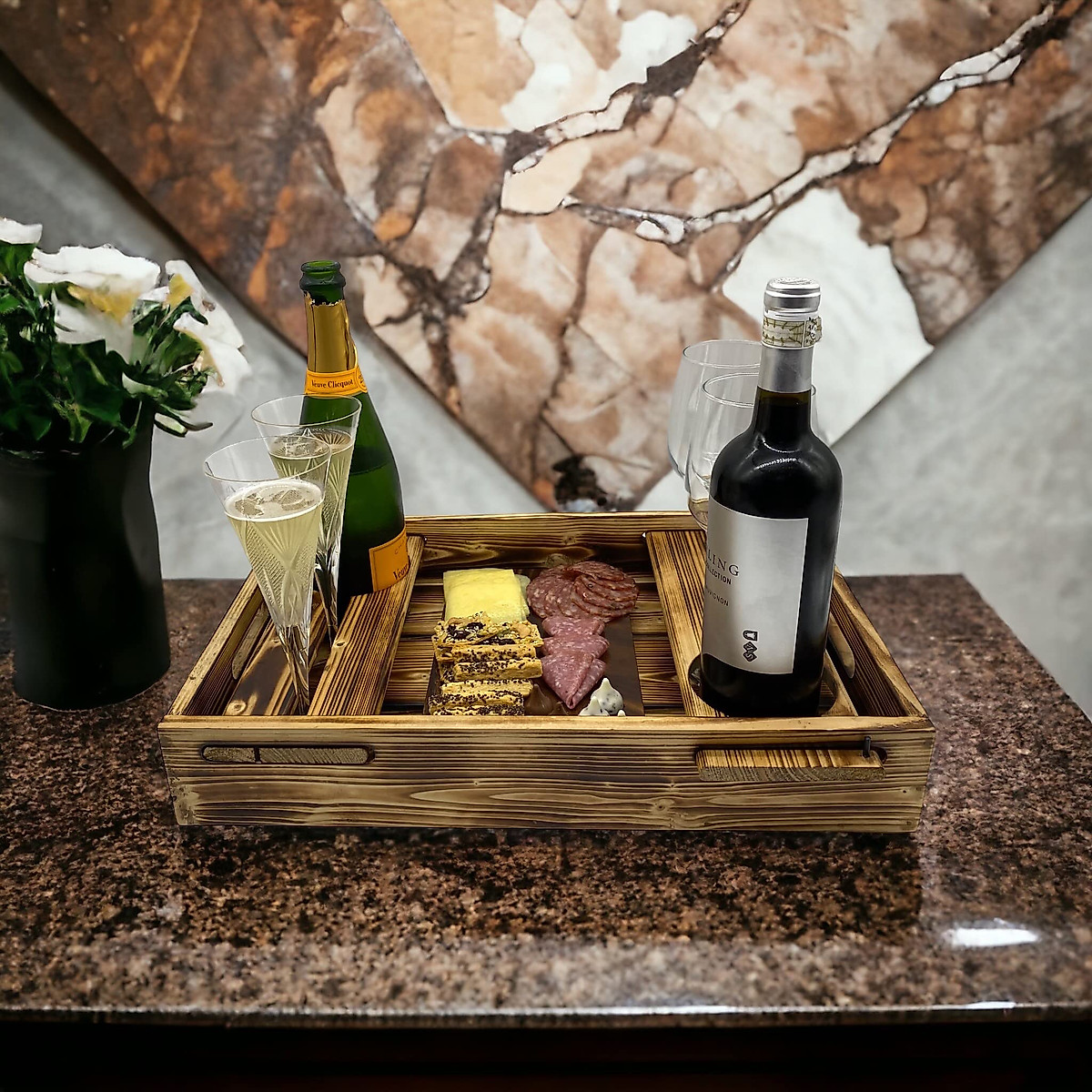 Wine Tray, Dual Glass Rack, Bottle Holder, Cut-Out Handle, with Mini Charcuterie Board, for Wine Tastings, Parties, Bars. Rustic, Handmade of Eco-Friendly Reclaimed Torched Pine Wood