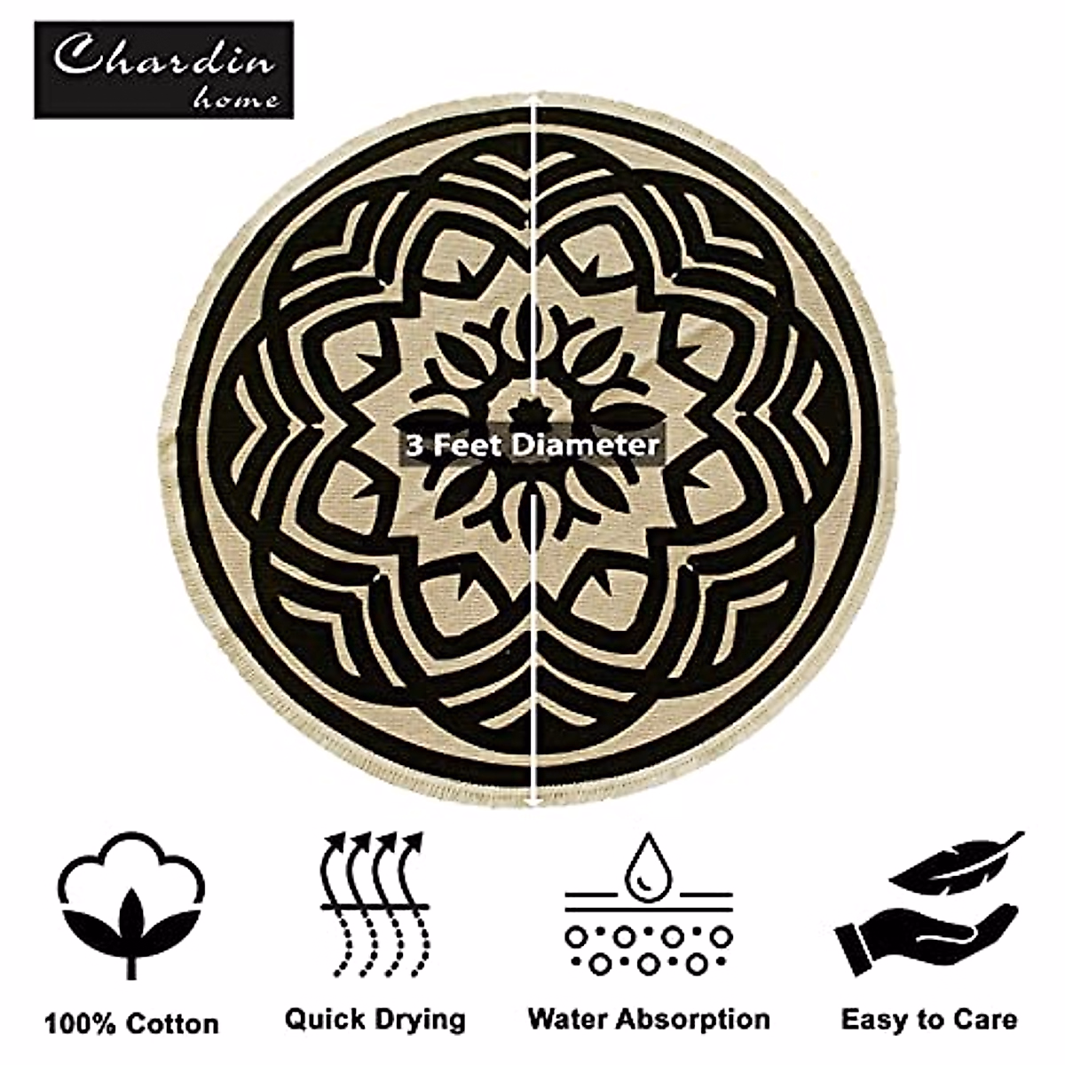 Chardin home Round Farmhouse Rug 3 feet Black & White Mandala | Recycled Cotton Hand Woven Rug, Circle Boho Rug | Perfect for Kitchens, Bathroom, bedrooms, Meditation Mat | Machine Wash