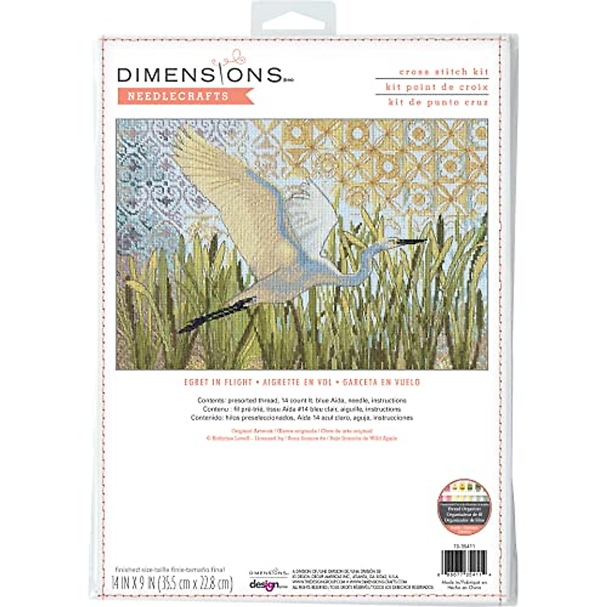 Dimensions 70-35411 Egret in Flight Counted Cross Stitch Kit for Beginners, 14" x 9", 14 Cnt. Light Blue Aida, 4pcs