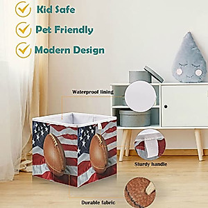 visesunny Closet Baskets Football Usa Flag Storage Bins Fabric Baskets for Organizing Shelves Foldable Storage Cube Bins for Clothes, Toys, Baby Toiletry, Office Supply